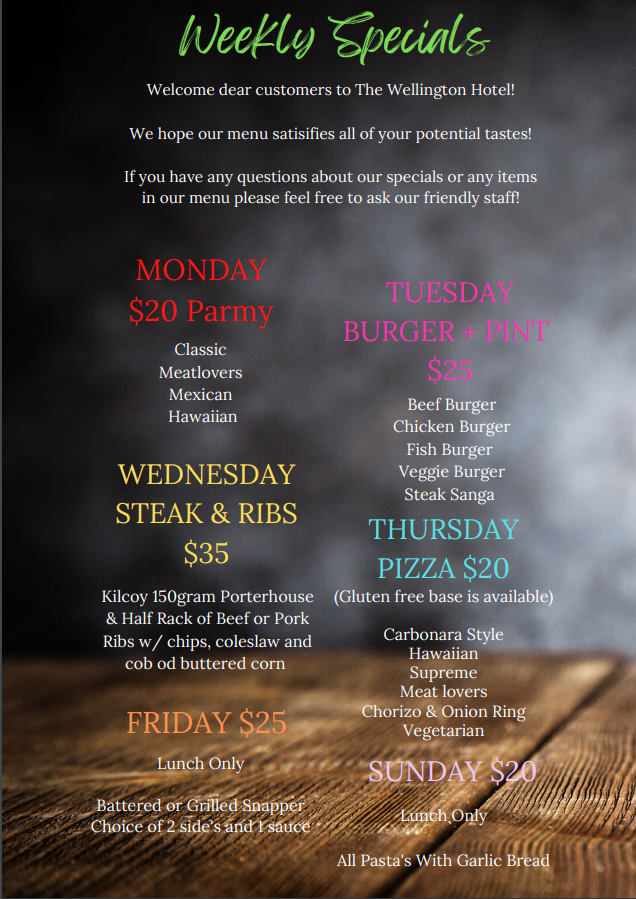 Menu – Wellington Hotel